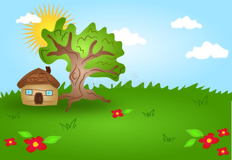 Cartoon Landscape with Wooden House Stock Illustration - Illustration ...