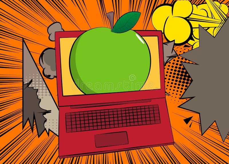 Cartoon Laptop, Comic Book Notebook with Apple. Retro Vector Comics Pop ...