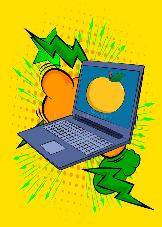 Cartoon Laptop, Comic Book Notebook with Apple. Retro Vector Comics Pop ...