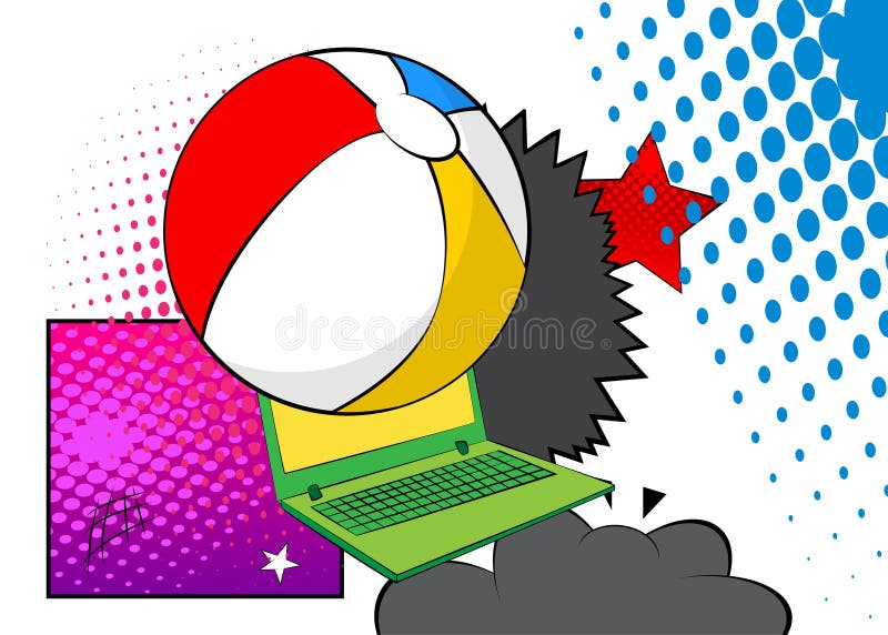Cartoon Laptop, Comic Book Notebook with Beach Ball. Retro Vector ...