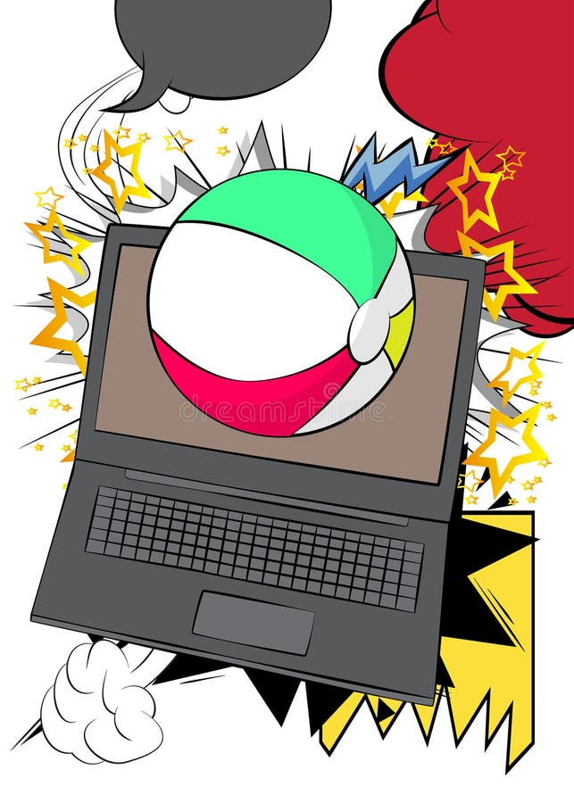 Cartoon Laptop, Comic Book Notebook with Beach Ball. Retro Vector ...