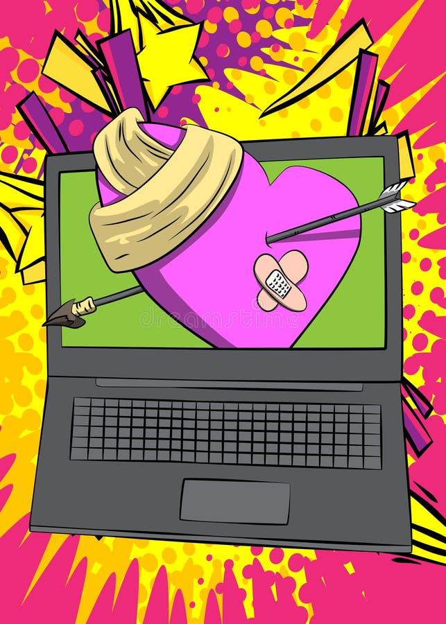 Cartoon Laptop, Comic Book Notebook with Broken Heart. Retro Vector ...