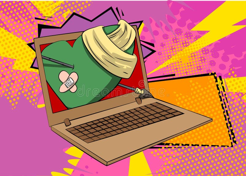 Cartoon Laptop, Comic Book Notebook with Broken Heart. Retro Vector ...