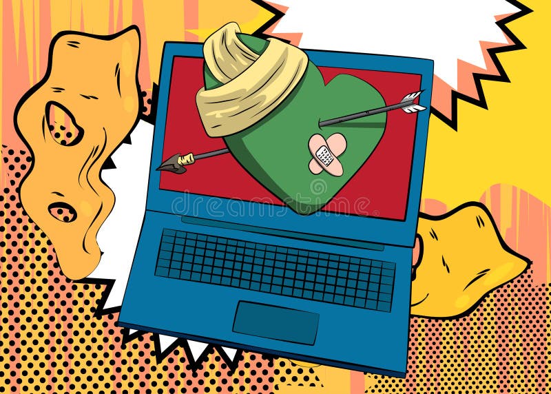 Cartoon Laptop, Comic Book Notebook with Broken Heart. Retro Vector ...