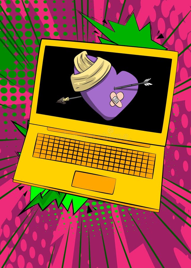 Cartoon Laptop, Comic Book Notebook with Broken Heart. Retro Vector ...