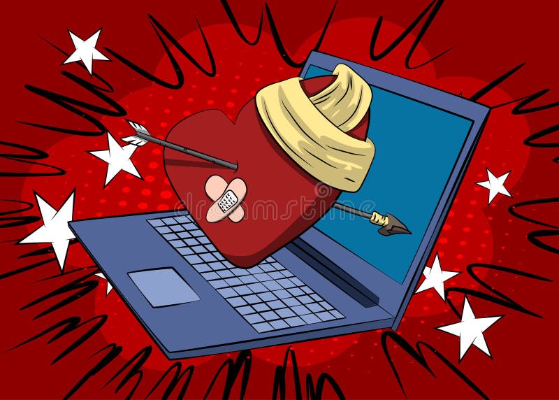 Cartoon Laptop, Comic Book Notebook with Broken Heart. Retro Vector ...