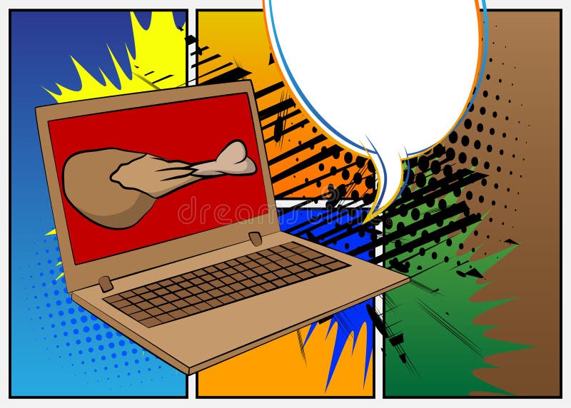 Cartoon Laptop, Comic Book Notebook with Chicken Drumstick and Thigh ...