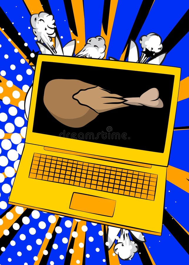 Cartoon Laptop, Comic Book Notebook with Chicken Drumstick and Thigh ...