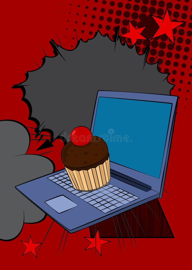Cartoon Laptop, Comic Book Notebook with Cupcake. Retro Vector Comics ...