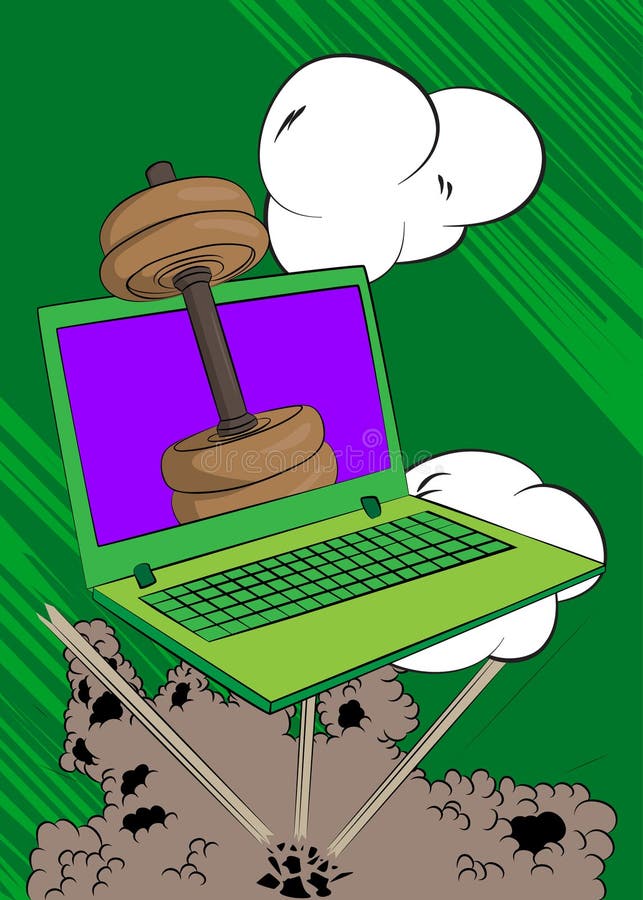 Cartoon Laptop, Comic Book Notebook with Dumbbell. Retro Vector Comics ...