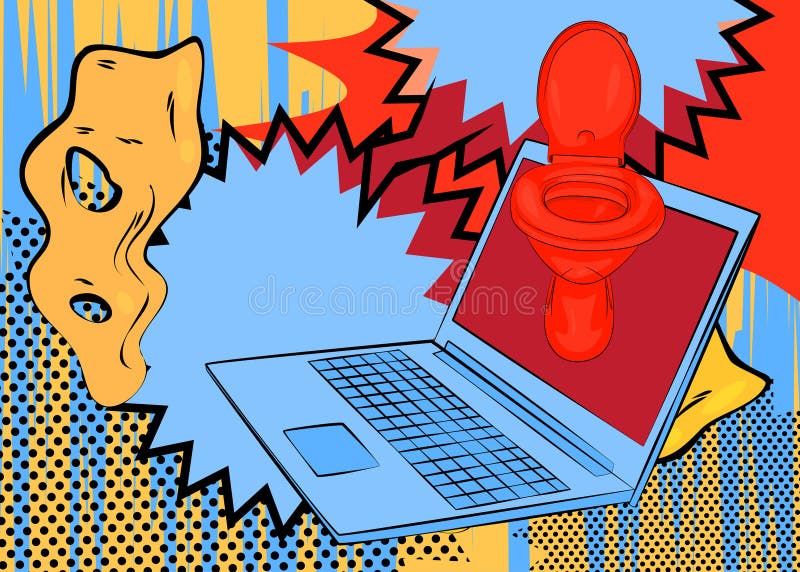 Cartoon Laptop, Comic Book Notebook with Flush Toilet. Retro Vector ...