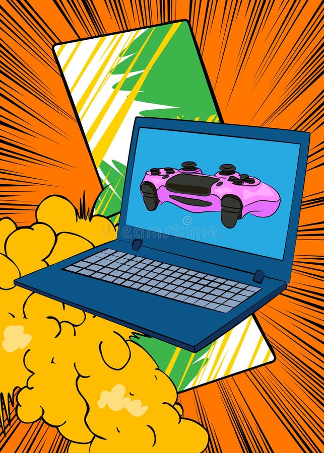 Cartoon Laptop, Comic Book Notebook with Gaming Controller. Retro ...