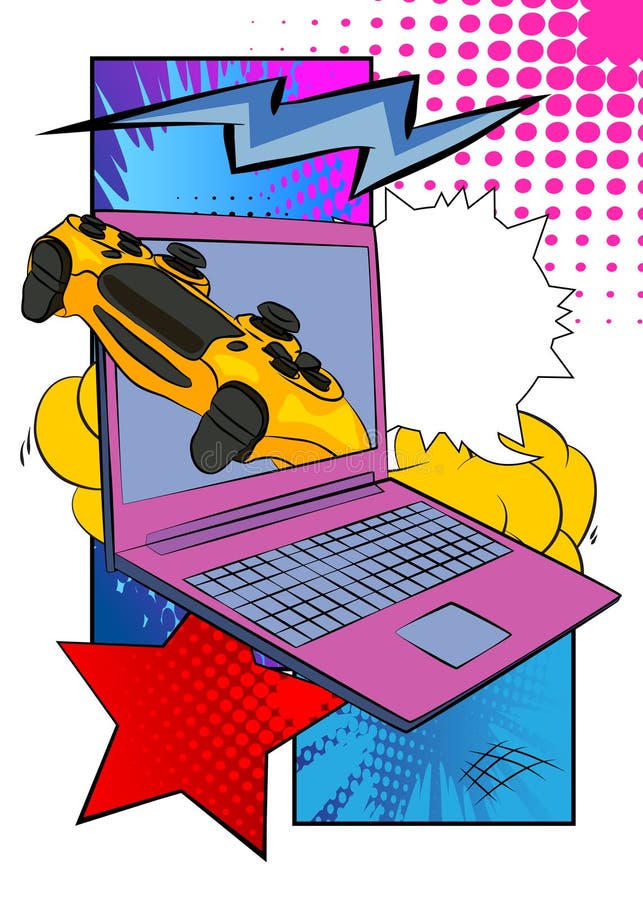 Cartoon Laptop, Comic Book Notebook with Gaming Controller. Retro ...