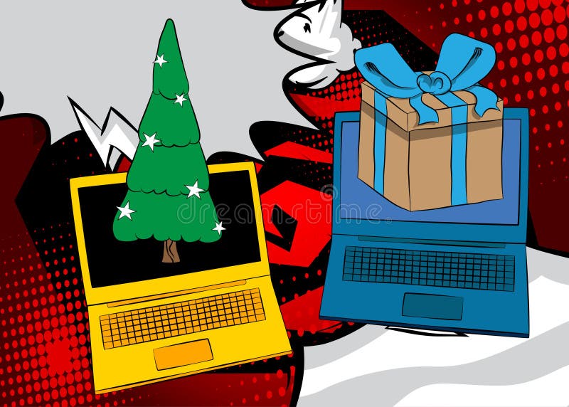 Cartoon Laptop, Comic Book Notebook with Gift Box and Christmas ...