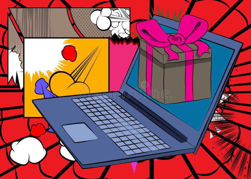 Cartoon Laptop, Comic Book Notebook with Gift Box Retro Comics Pop Art ...