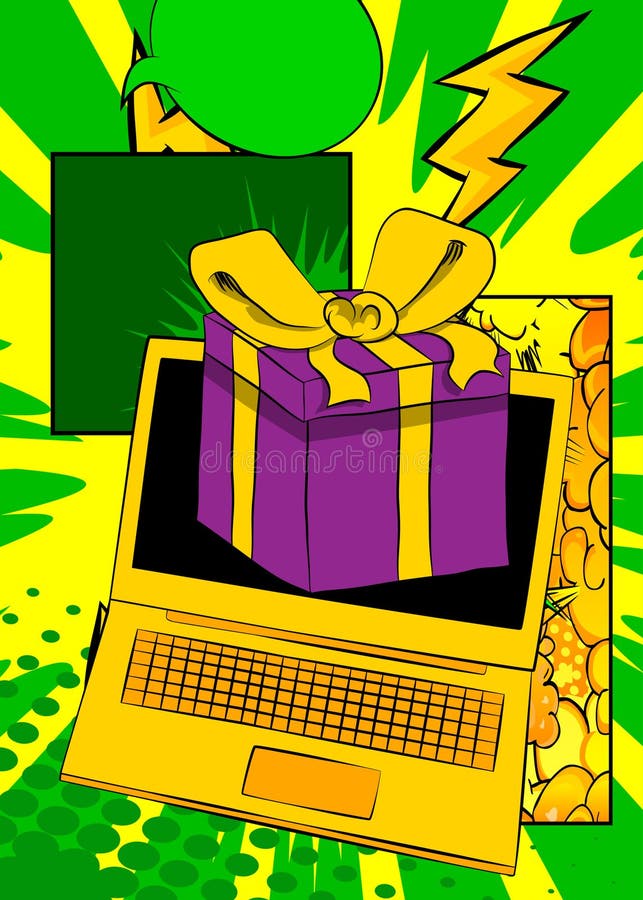 Cartoon Laptop, Comic Book Notebook with Gift Box Retro Comics Pop Art ...