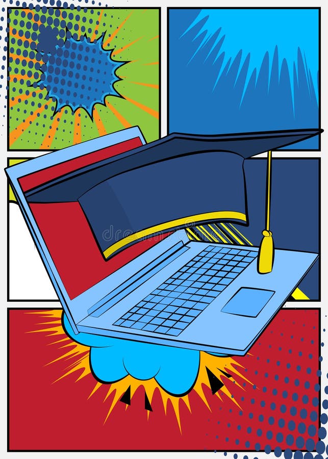 Cartoon Laptop, Comic Book Notebook with Graduation Hat. Retro Vector ...