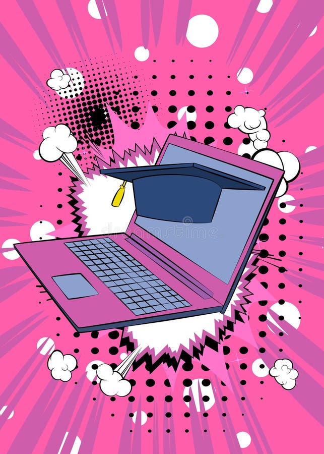 Cartoon Laptop, Comic Book Notebook with Graduation Hat. Retro Vector ...