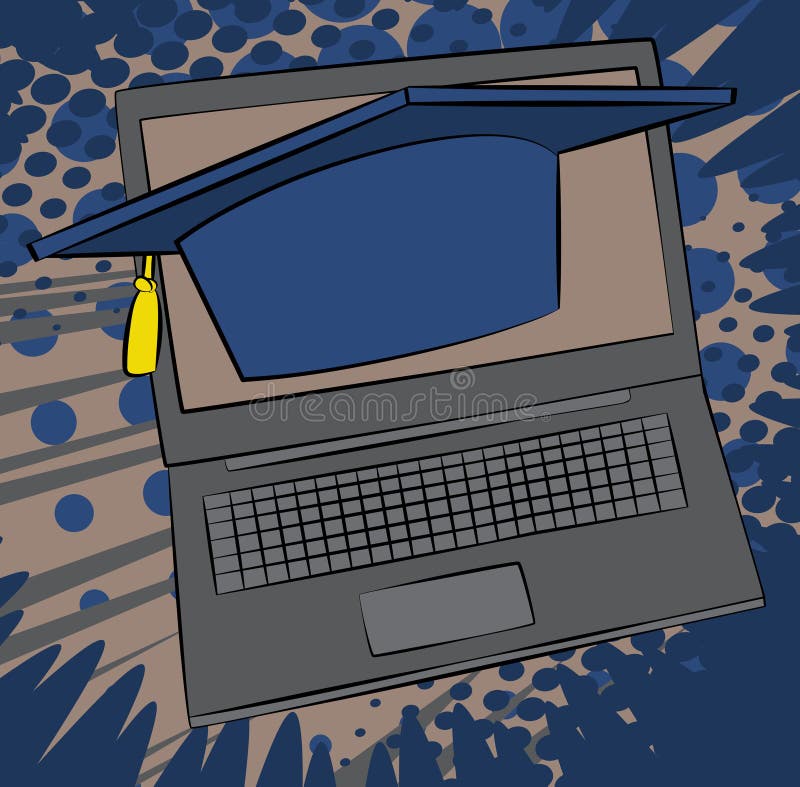 Cartoon Laptop, Comic Book Notebook with Graduation Hat. Retro Vector ...