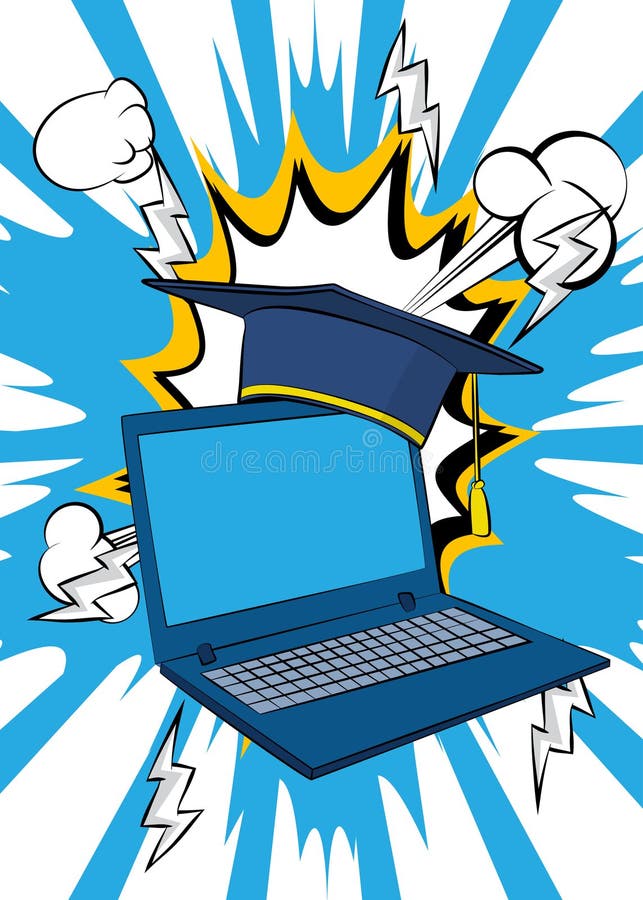 Cartoon Laptop, Comic Book Notebook with Graduation Hat. Retro Vector ...