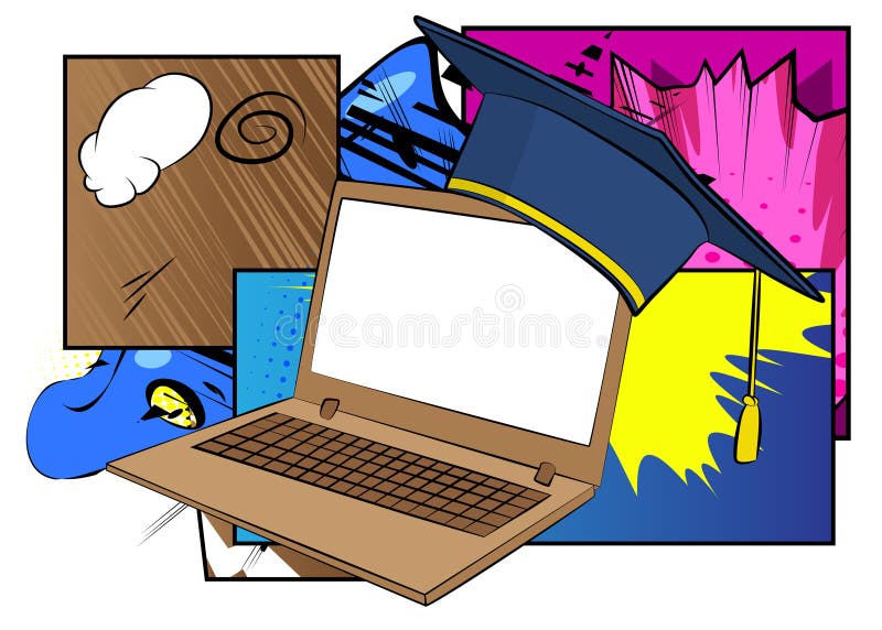 Cartoon Laptop, Comic Book Notebook with Graduation Hat. Retro Vector ...