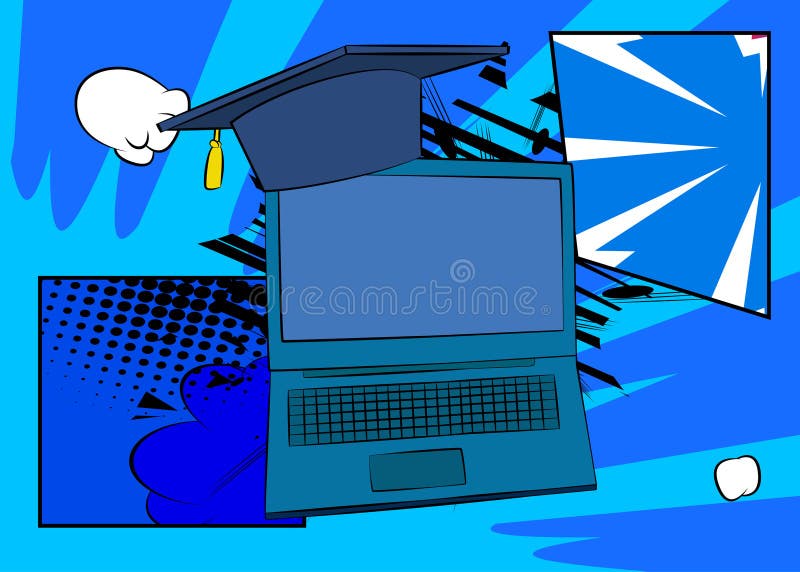 Cartoon Laptop, Comic Book Notebook with Graduation Hat. Retro Vector ...