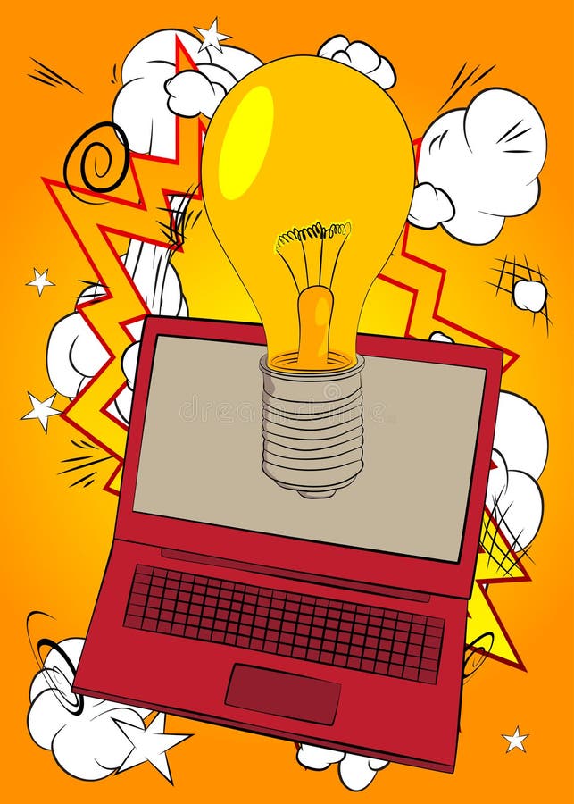 Cartoon Laptop, Comic Book Notebook with Light Bulb. Retro Vector ...