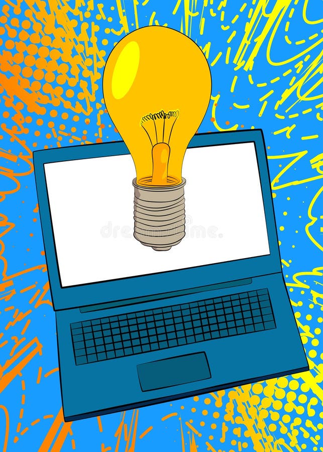 Cartoon Laptop, Comic Book Notebook with Light Bulb. Retro Vector ...