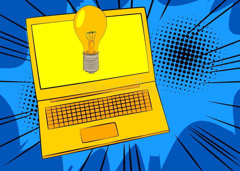 Cartoon Laptop, Comic Book Notebook with Light Bulb. Retro Vector ...