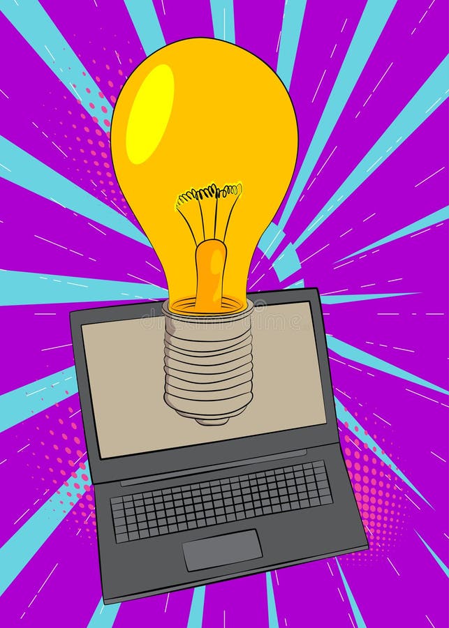 Cartoon Laptop, Comic Book Notebook with Light Bulb. Retro Vector ...