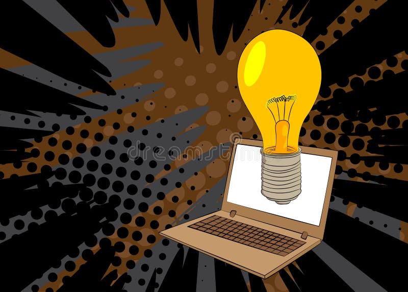Cartoon Laptop, Comic Book Notebook with Light Bulb. Retro Vector ...
