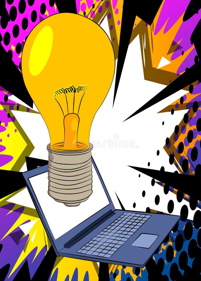 Cartoon Laptop, Comic Book Notebook with Light Bulb. Retro Vector ...