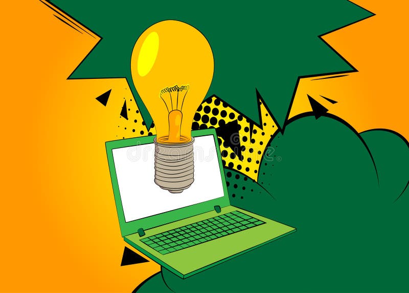 Cartoon Laptop, Comic Book Notebook with Light Bulb. Retro Vector ...