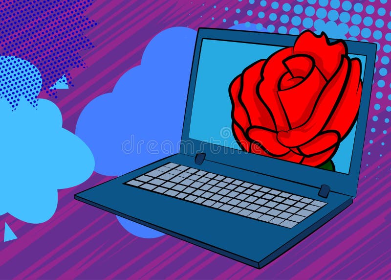 Cartoon Laptop, Comic Book Notebook with Red Rose. Retro Vector Comics ...