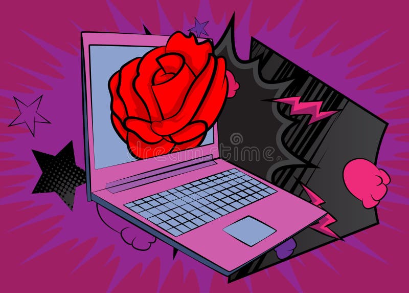 Cartoon Laptop, Comic Book Notebook with Red Rose. Retro Vector Comics ...