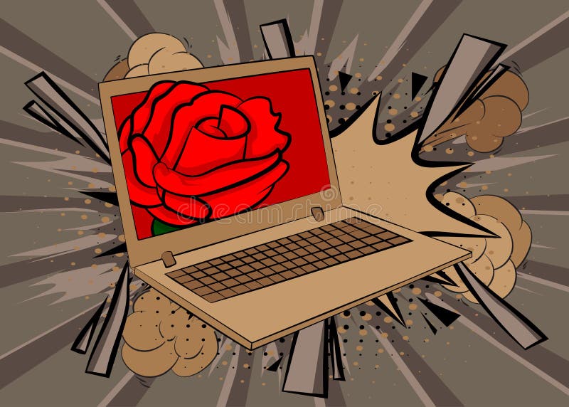 Cartoon Laptop, Comic Book Notebook with Red Rose. Retro Vector Comics ...