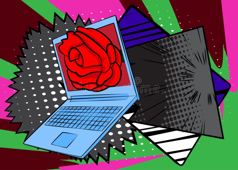 Cartoon Laptop, Comic Book Notebook with Red Rose. Retro Vector Comics ...