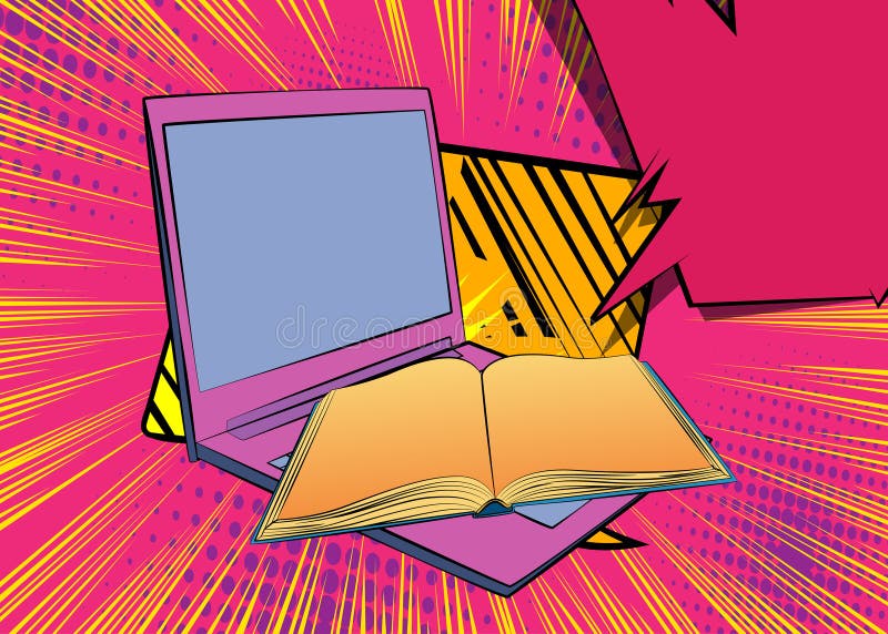 Cartoon Laptop, Comic Book Notebook with Book. Retro Vector Comics Pop ...