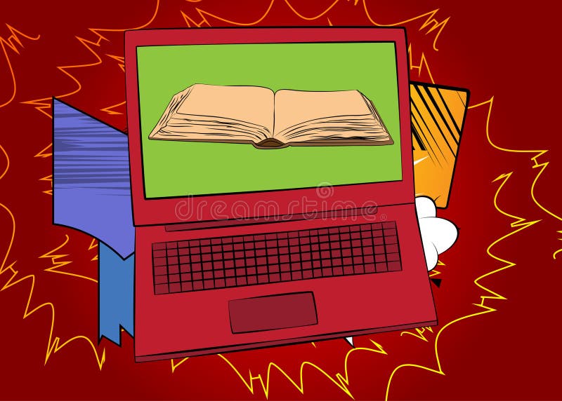 Cartoon Laptop, Comic Book Notebook with Book. Retro Vector Comics Pop ...