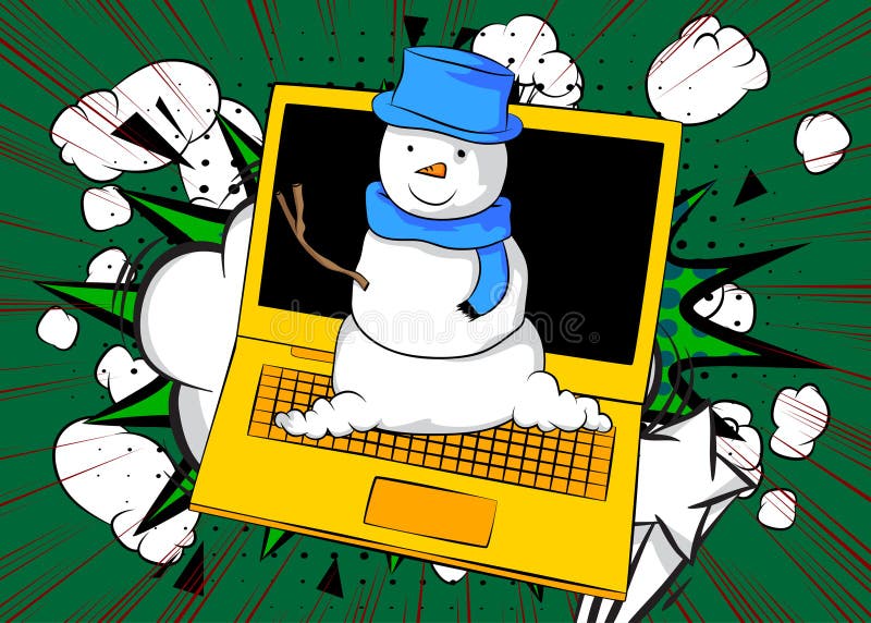 Cartoon Laptop, Comic Book Notebook with Snowman. Retro Vector Comics ...