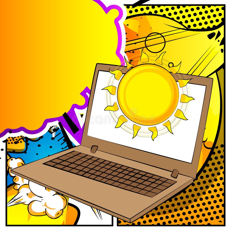 Cartoon Laptop, Comic Book Notebook with Summer Sun. Retro Vector ...