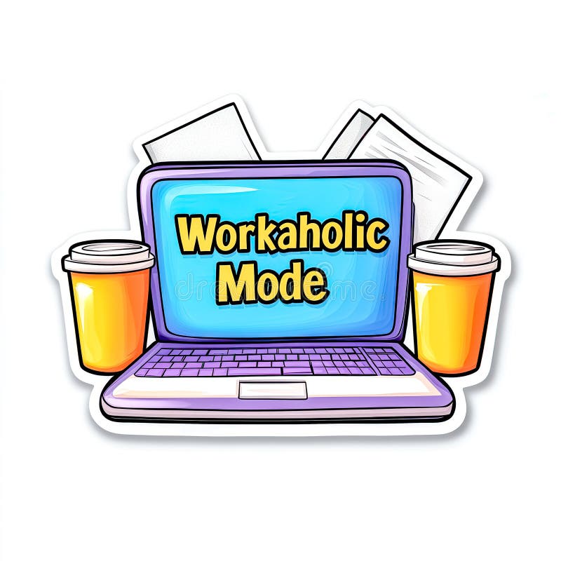 Workaholic Mode Sticker Showing Laptop, Coffee and Documents Stock ...