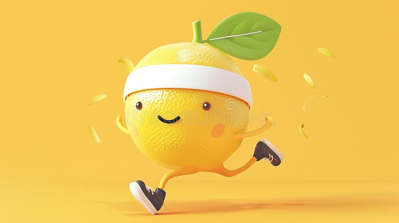 Cartoon Lemon with Sweatband Around Its Forehead Running , Flat Lay ...