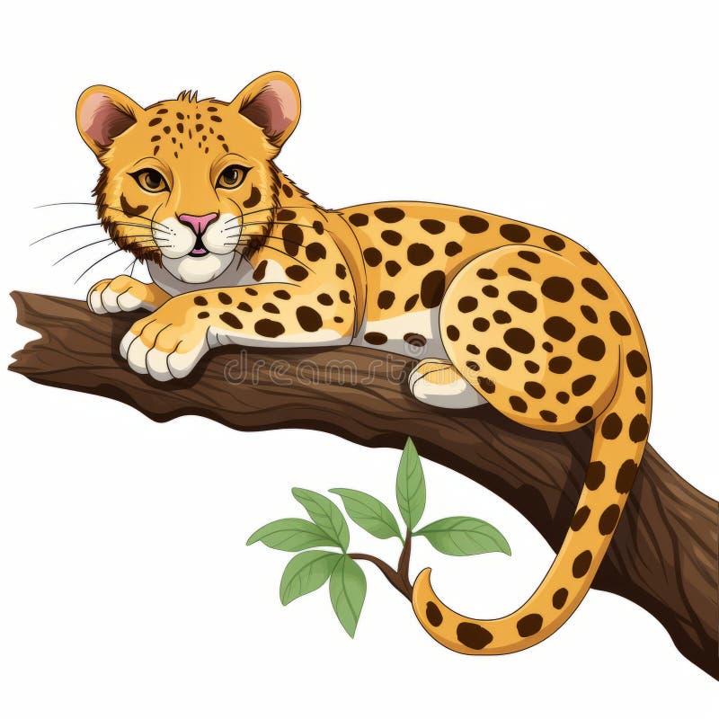 Cartoon Leopard Lying on a Tree Branch, Vector Illustration Stock ...