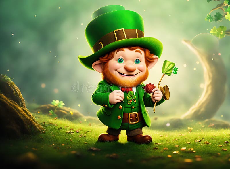 A Cartoon Leprechaun Holding a Four-leaf Clover and Smiling. Stock ...