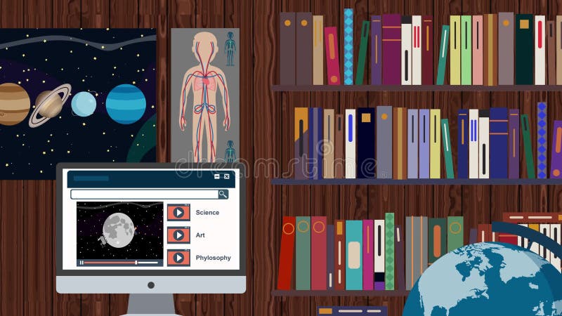 Cartoon Library with Book Shelves and Computers with Green Screen Stock ...