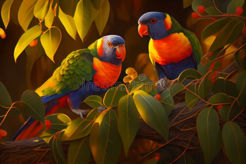 Cartoon Like Image of Two Rainbow Lorikeets Sitting in a Tree Stock ...