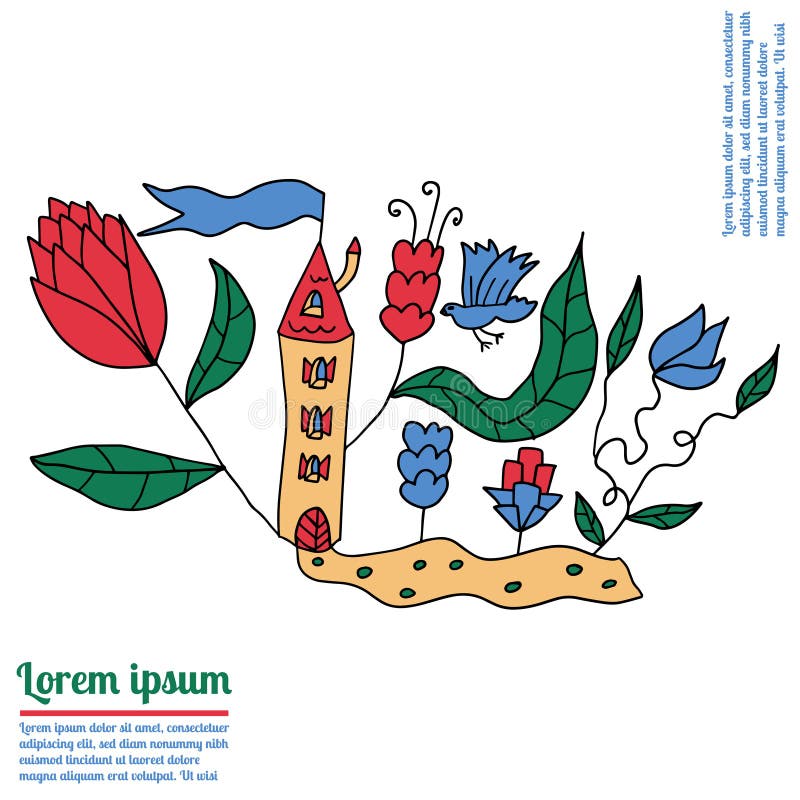 Cartoon Linear Doodle Retro Castle with Flag and Garden Isolated on ...