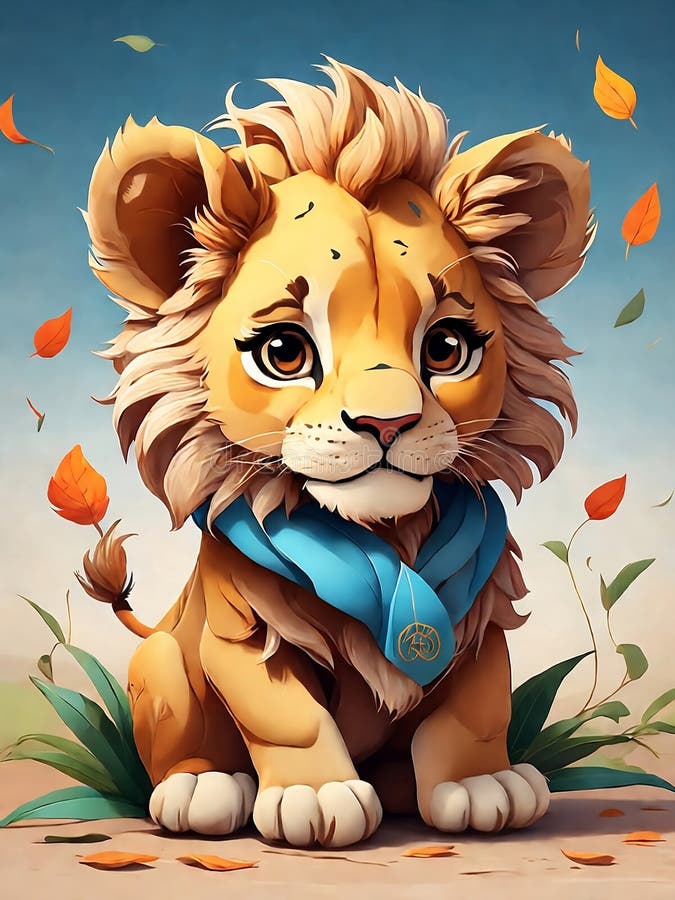 A Cartoon Lion with a Blue Scarf Sitting in the Grass Stock ...