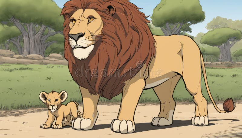 A Cartoon Lion and Lion Cub Standing Together Stock Illustration ...